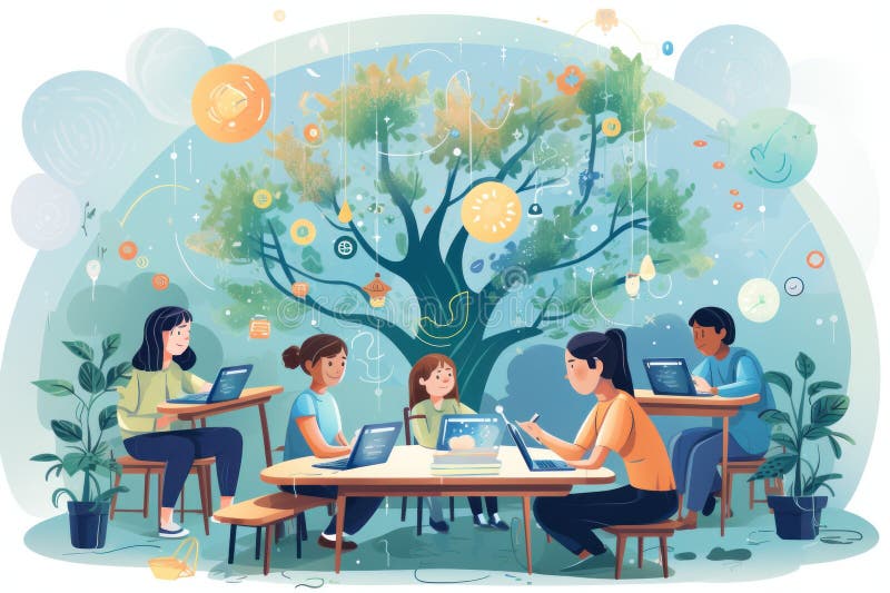 Group Student in Class Room, Students in a Library, Round Table ...