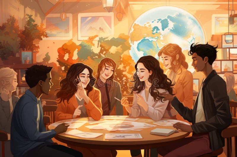 Group Student in Class Room, Students in a Library, Round Table ...