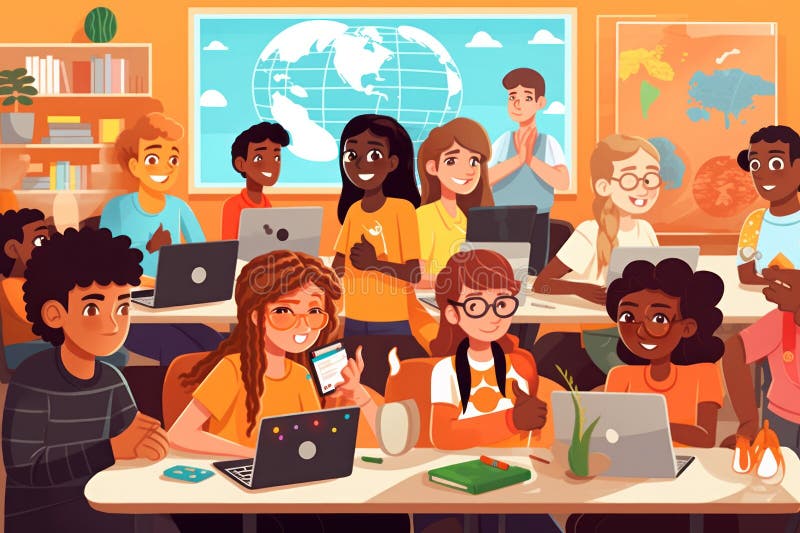 Group Student in Class Room, Students in a Library, Round Table ...