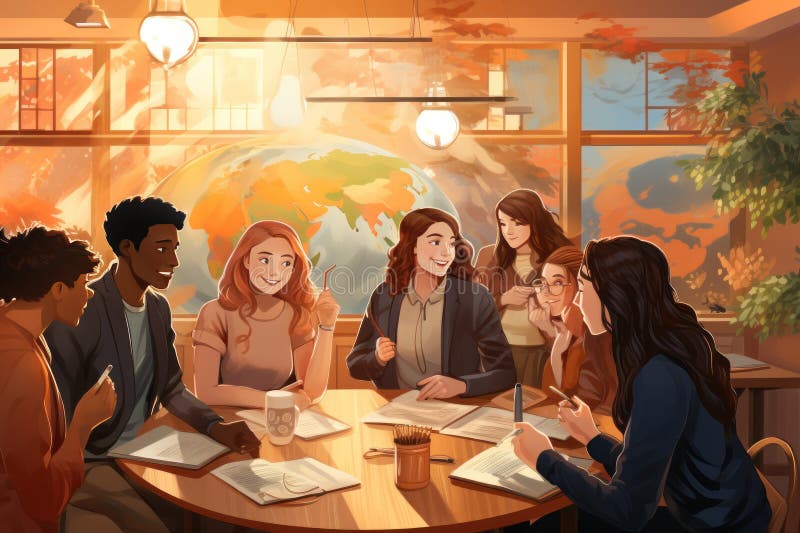 Group Student in Class Room, Students in a Library, Round Table ...