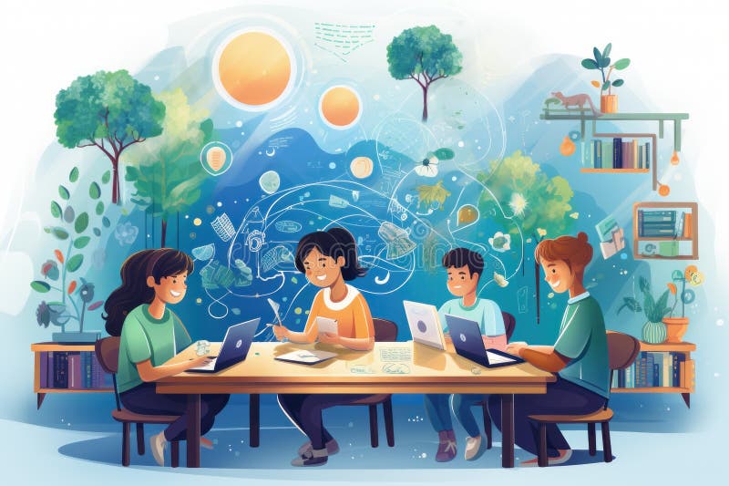 Group Student in Class Room, Students in a Library, Round Table ...