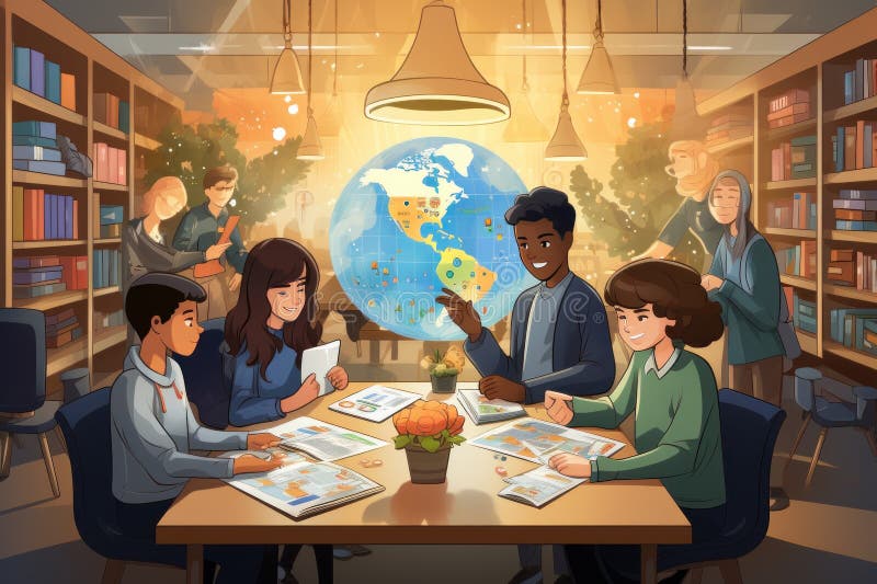 Group Student in Class Room, Students in a Library, Round Table ...