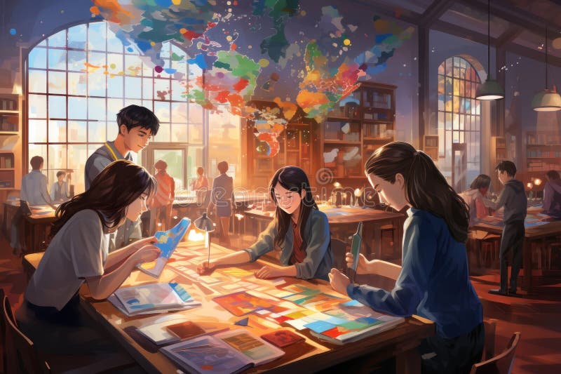 Group Student in Class Room, Students in a Library, Round Table ...