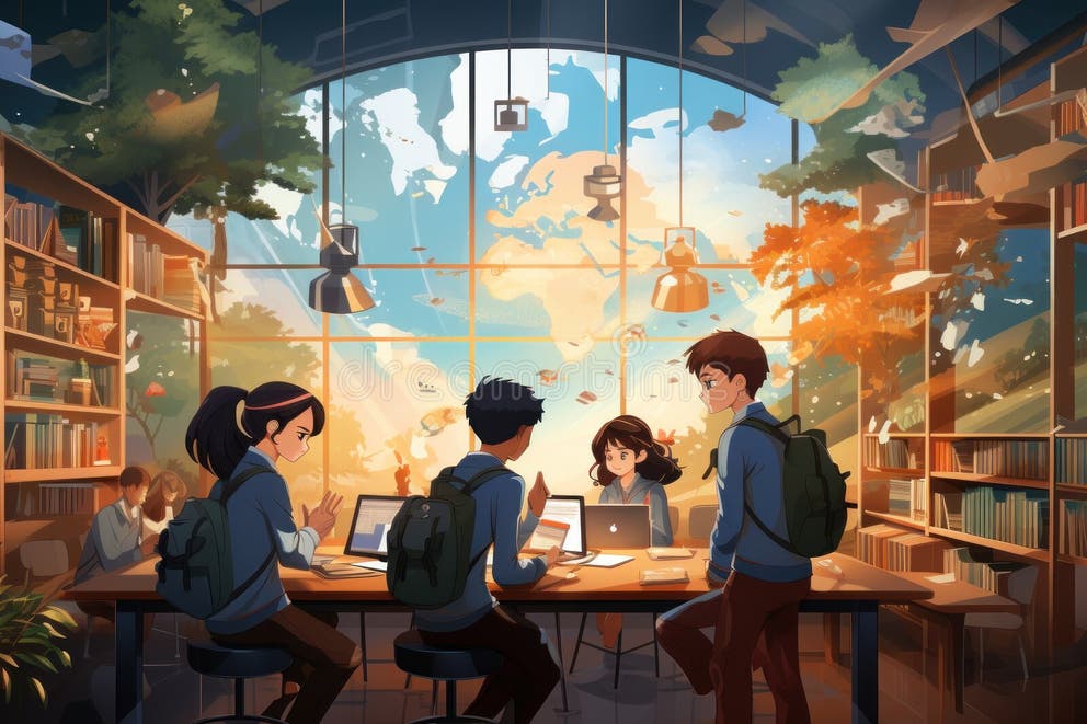 Group Student in Class Room, Students in a Library, Round Table ...