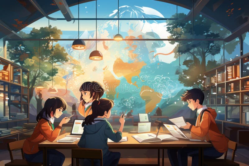 Group Student in Class Room, Students in a Library, Round Table ...