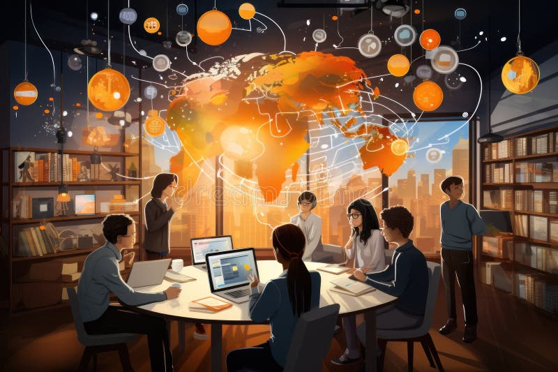 Group Student in Class Room, Students in a Library, Round Table ...