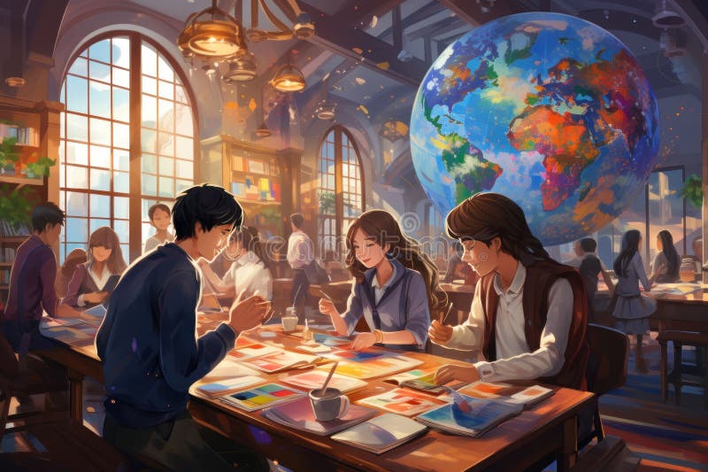 Group Student in Class Room, Students in a Library, Round Table ...