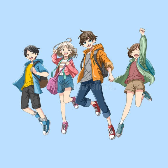 Group of Student Jumping Together Chibi Style Stock Vector ...
