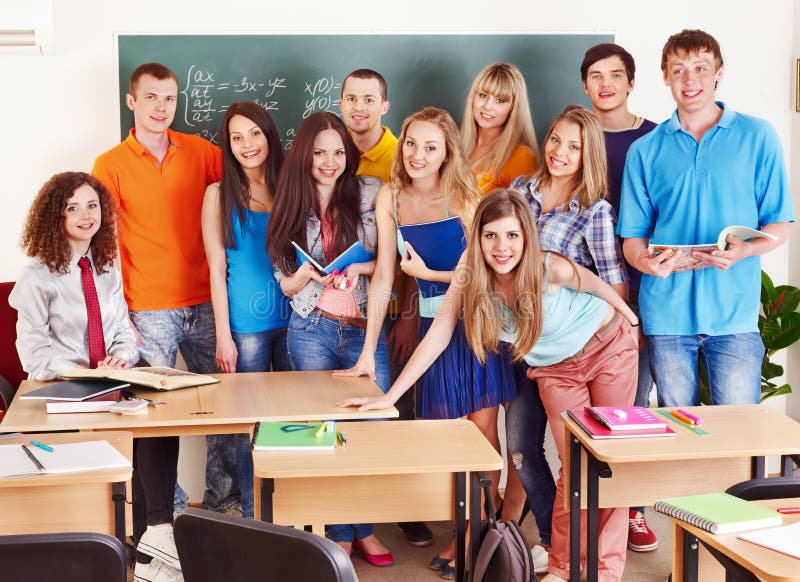 Group Student Near Blackboard. Stock Photo - Image of happy, classroom ...