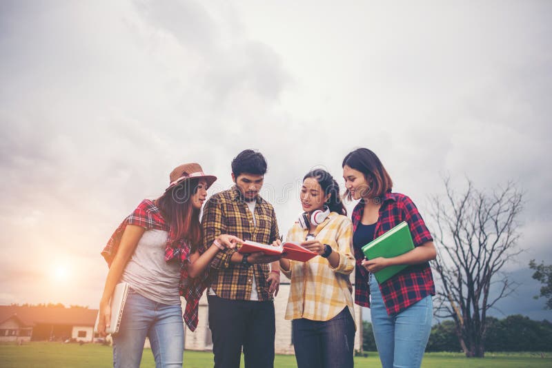 Group of Student Walking through the Park after Class. Stock Image ...