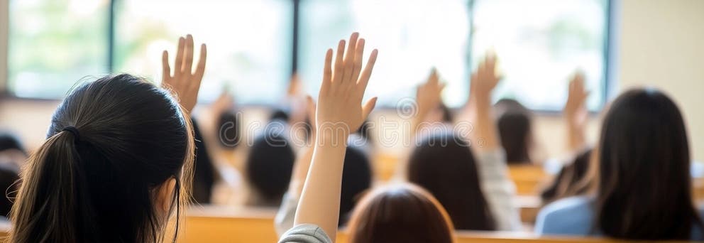 Enthusiastic Students Raise Hands in Classroom with Blank Banner Ready ...