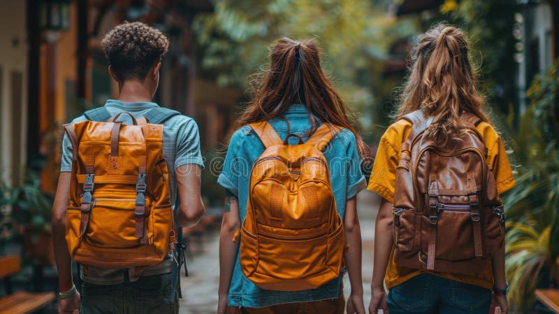 A Group of Students with Backpacks Go To School Together for Classes ...