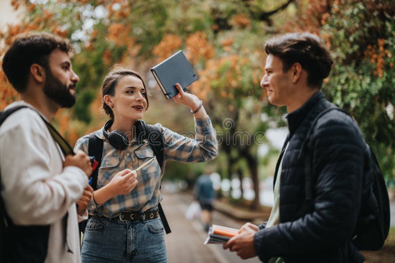 Group of Students Chatting Outdoors on a Campus Walkway Stock Photo ...