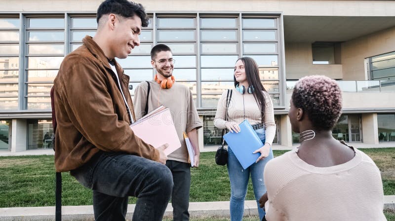 Group of Students in a Circle Talking Outside the University Stock ...