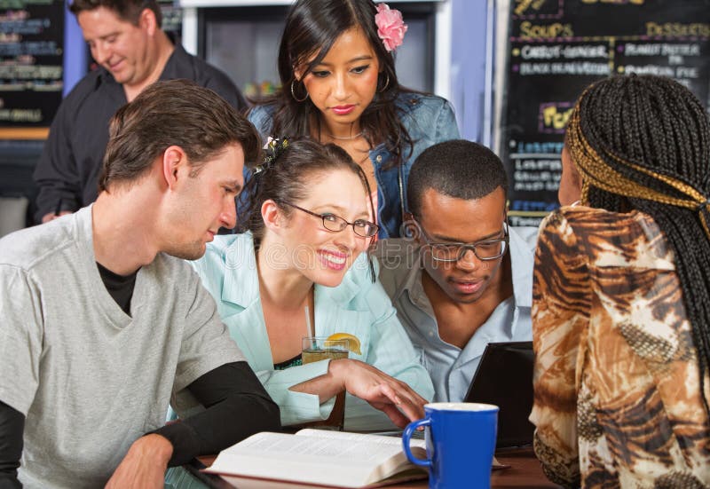 Group of Students in Coffee House Stock Photo - Image of laptop, book ...