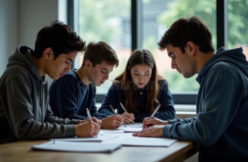 Group of Students Collaborating on Assignments at a Modern Workspace ...
