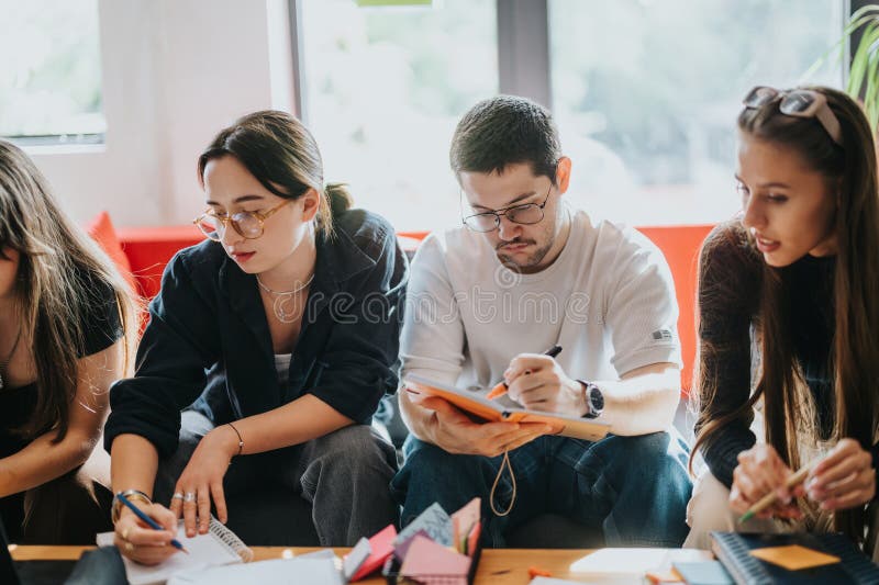Group of Students Collaborating on School Assignments in Bright Room ...