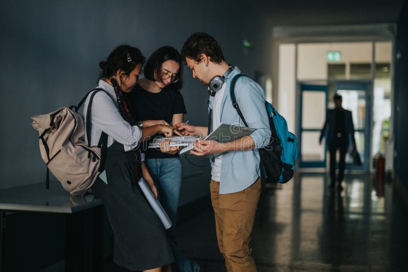 Group of Students Collaborating in a School Hallway between Classes ...