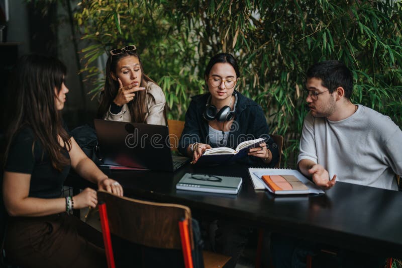 A Group of Students Collaboratively Studying in a Coffee Bar, Sharing ...