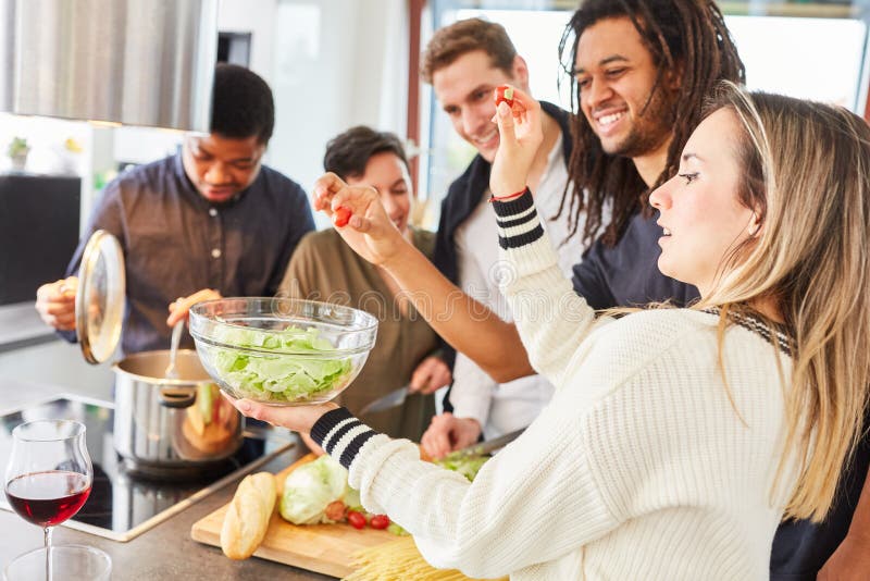 Group of Students Cooking Together in Shared Kitchen Stock Image ...