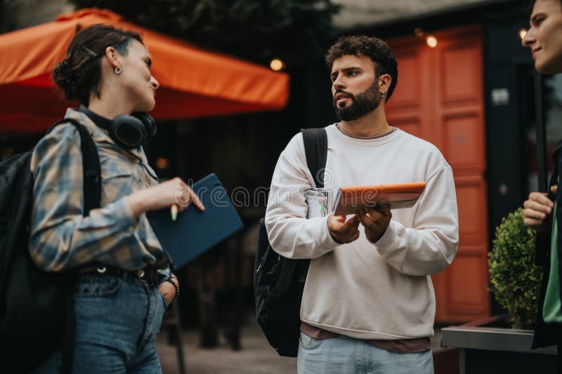 Group of Students Discussing after Exam on College Campus Outdoors ...