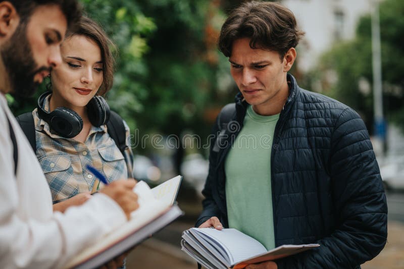 Group of Students Discussing Notes Outdoors on Campus Stock Image ...