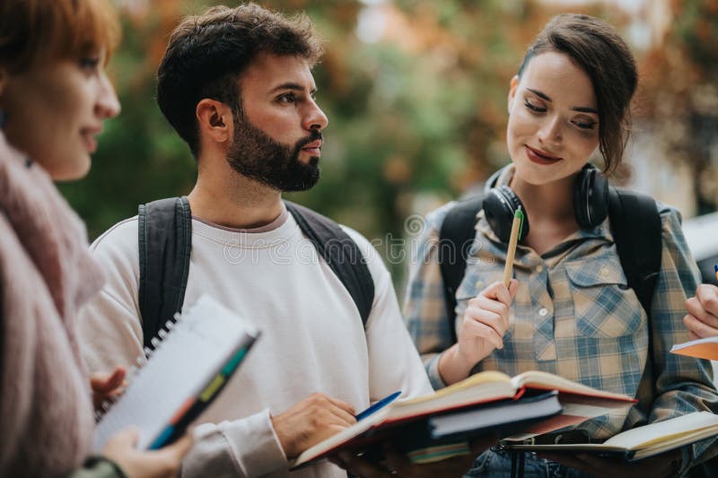 Group of Students Discussing Notes Outdoors during Study Session Stock ...