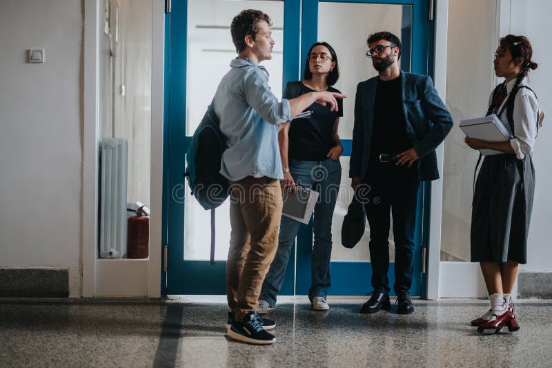 Group of Students Discussing with Professor in University Hallway Stock ...