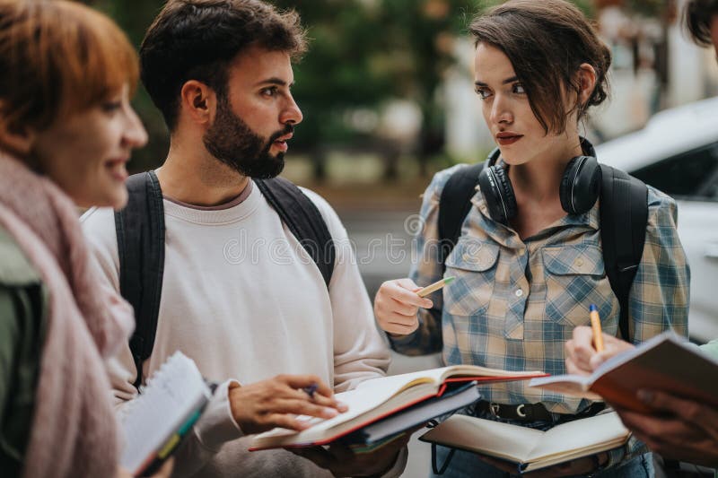 Group of Students Discussing Study Notes Outdoors on Campus Stock Photo ...