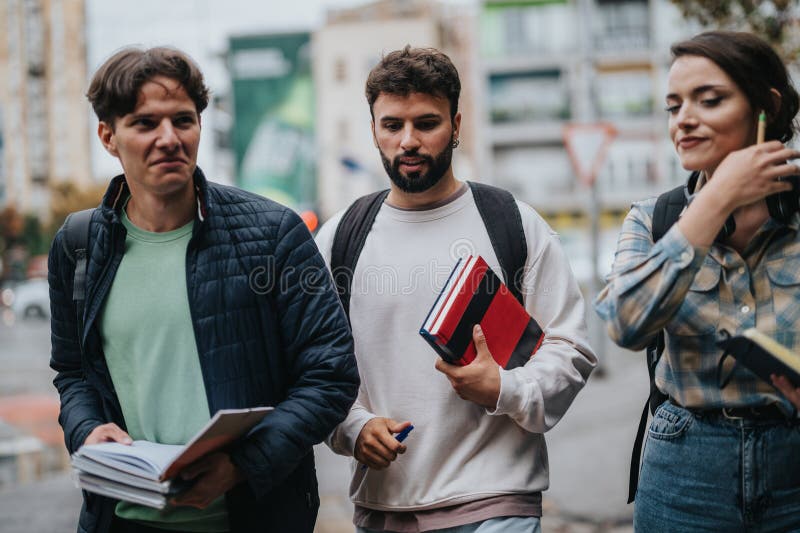 Group of Students Discussing and Walking Outdoors Together Stock Image ...