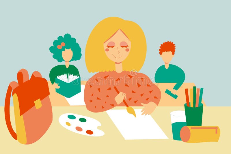 Group of Students Doing Different Tasks in the Classroom Stock ...