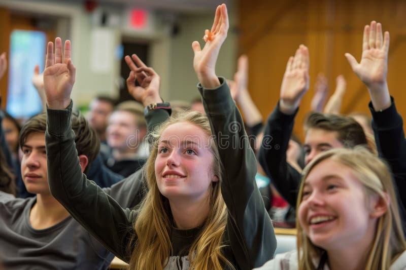 A Group of Students Eagerly Raise Their Hands in a Classroom Setting ...