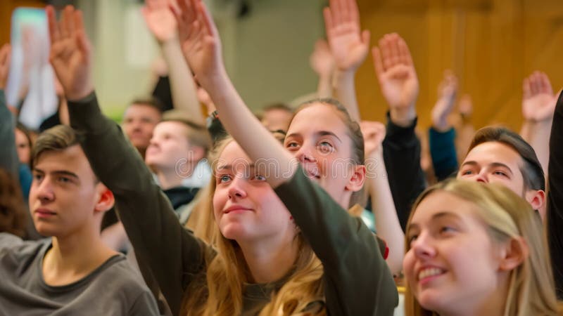 A Group of Students Eagerly Raise Their Hands in a Classroom Setting ...