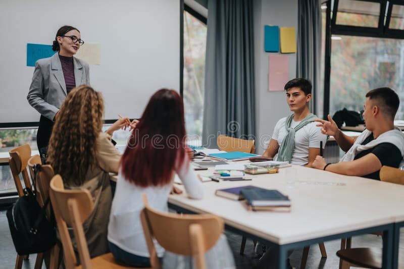 Group of Students Engaged in Classroom Discussion with Teacher Stock ...