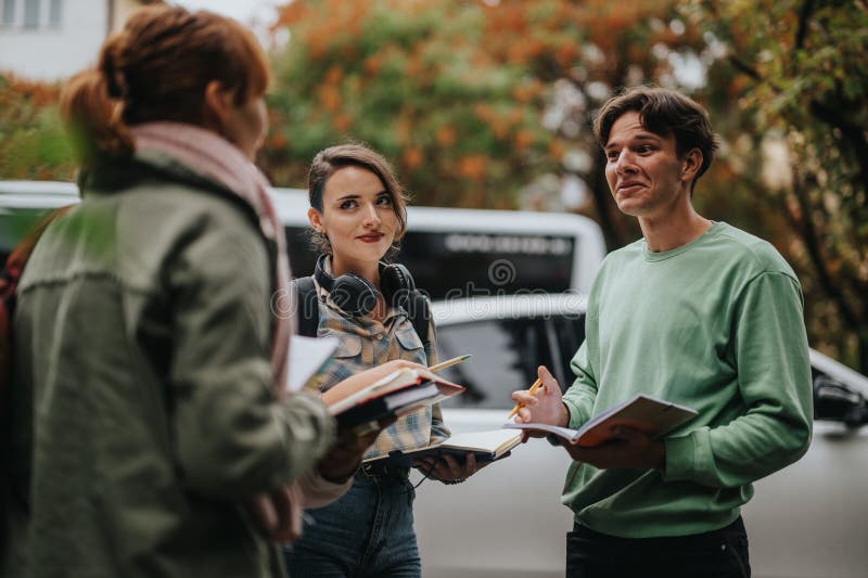 Students Collaborating and Discussing Ideas in an Outdoor Setting Stock ...