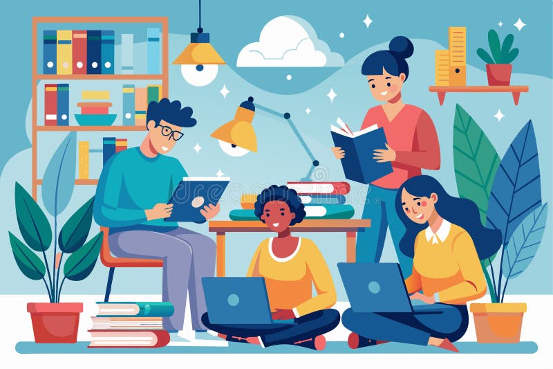 A Group of Students Engages in Studying with Books and Laptops while ...