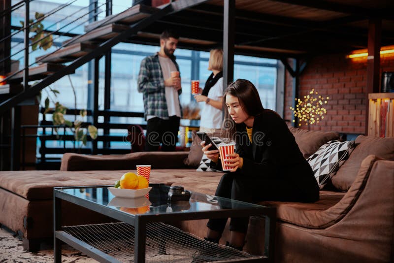 Group of Students Have a Social Project in a Modern College Library ...