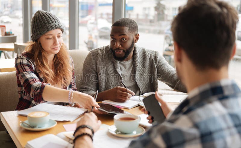 Group of Students Having Rest in the Cafe Stock Photo - Image of laptop ...