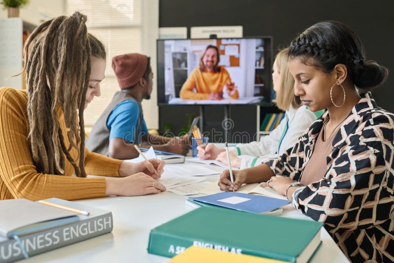 Group of Students Having Video Call with Teacher Stock Image - Image of ...