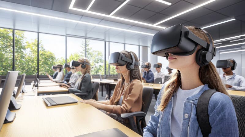 Group of Students are Immersed in a Virtual Reality Learning Experience Wearing Headsets in a ...