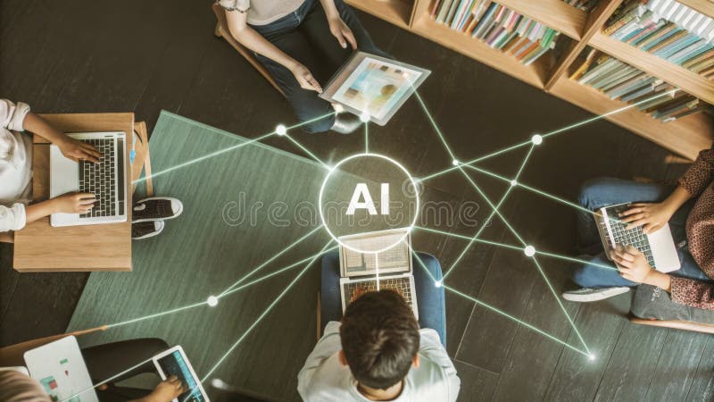 Group of Students Learning AI with Laptops and Tablets in a Library ...