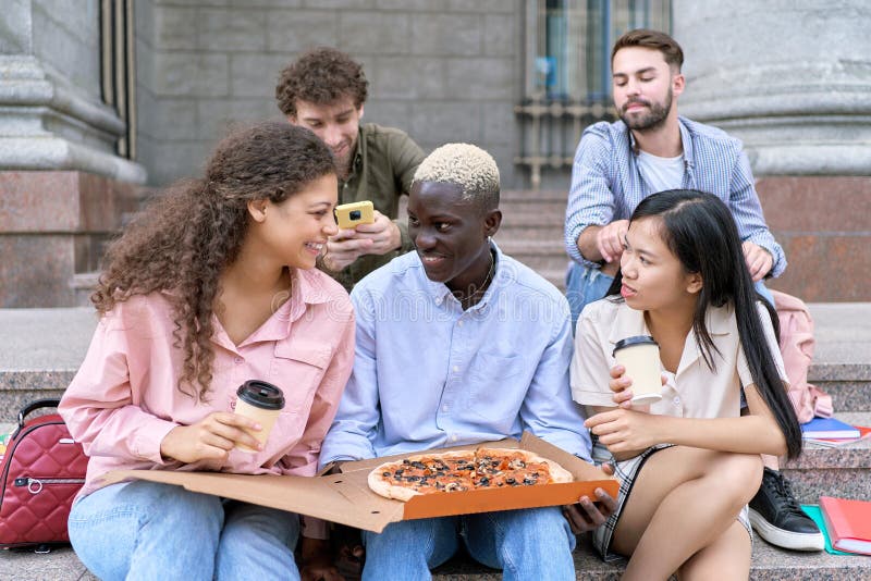 Group of Students Looking at a Hot Pizza in a Box. Stock Photo - Image ...