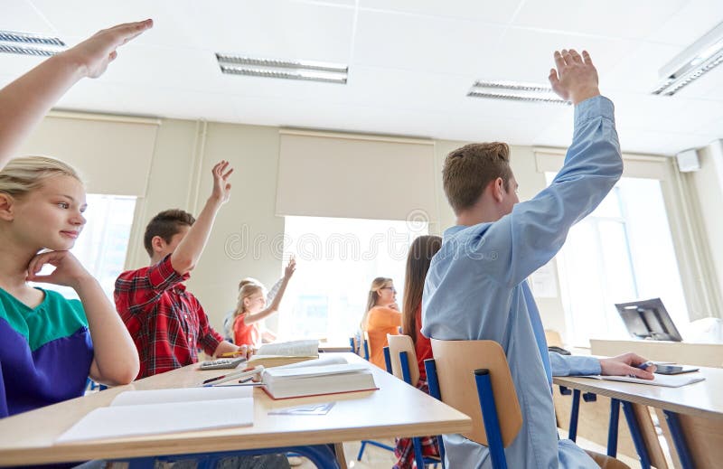 Group of Students with Raised Hands at High School Stock Image - Image ...