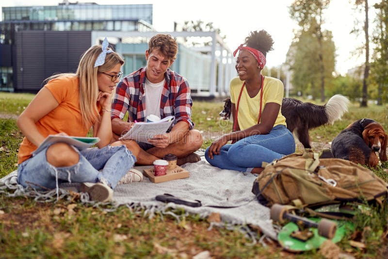 A Group of Students is Reading Scripts while Sitting on the Grass in ...