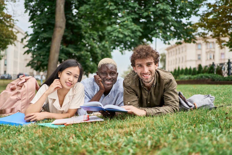 Group of Students Reading a Textbook Lying on the Grass . Stock Image ...