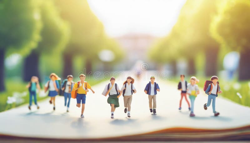 Group of Students Running To School. Kids after School in Park ,ai ...