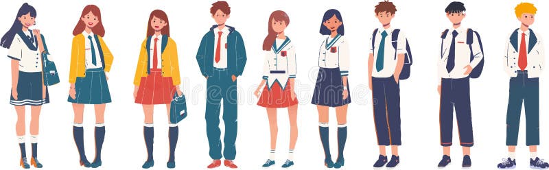 Group of Students in School Uniforms Standing Together Stock Vector ...