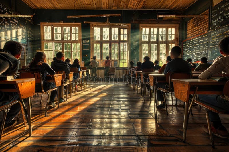 Group of Students Seated at Desks in a Traditional Classroom Setting ...