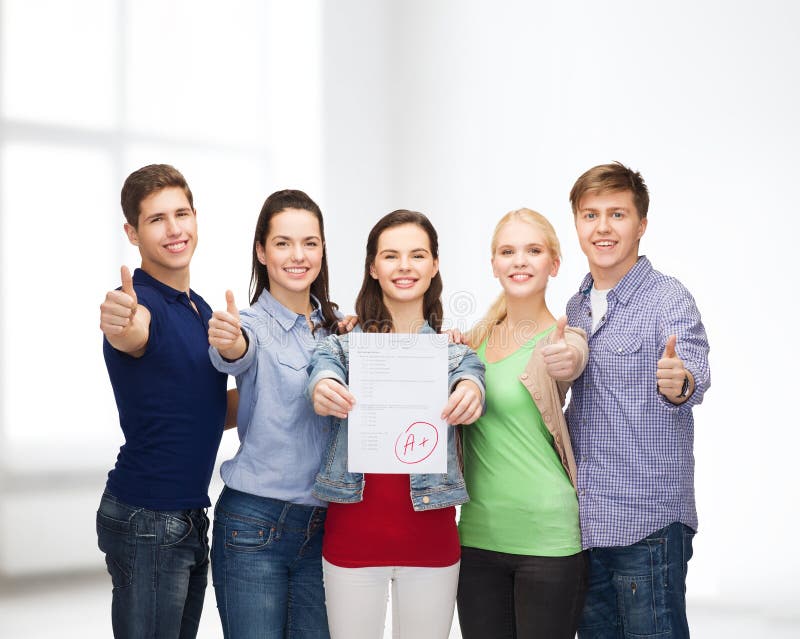 Group of Students Showing Test and Thumbs Up Stock Photo - Image of ...