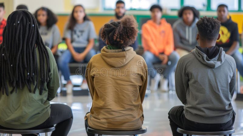 A Group of Students Sit in a Circle on Stools Backs To the Camera As ...
